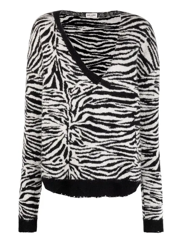 Saint Laurent Zebra-pattern Ripped Jumper - White