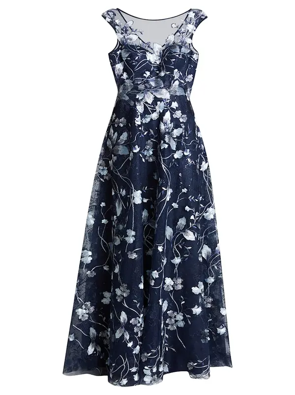Rickie Freeman For Teri Jon Embroidered Tulle Gown - Navy Silver