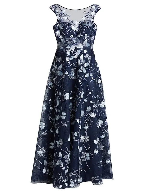 Rickie Freeman For Teri Jon Embroidered Tulle Gown - Navy Silver