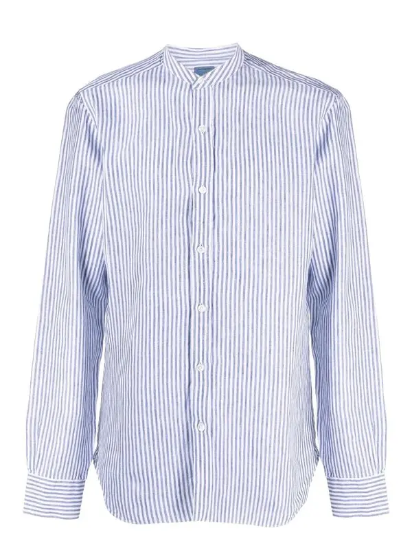BARBA NAPOLI Band-collar Striped Linen Shirt - White
