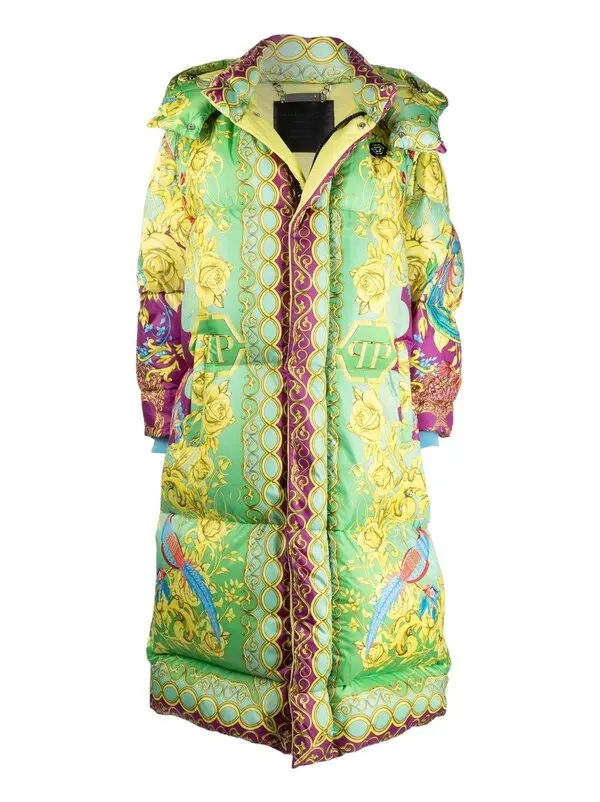 Philipp Plein Baroque-print Long Padded Jacket - Green