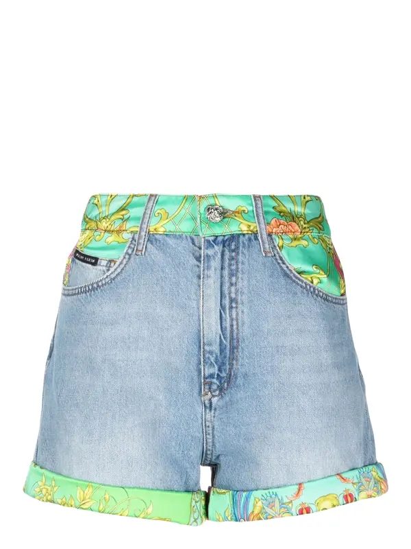 Philipp Plein Baroque-print Panelled Denim Shorts - Blue