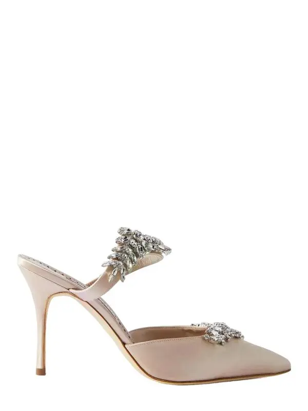 Manolo Blahnik Lurum 90 Crystal-embellished Satin Mules - Neutrals