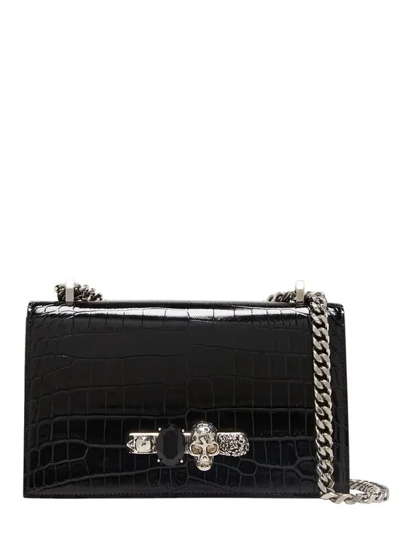 Alexander McQueen Croc-embossed Jeweled Shoulder Bag - Nero