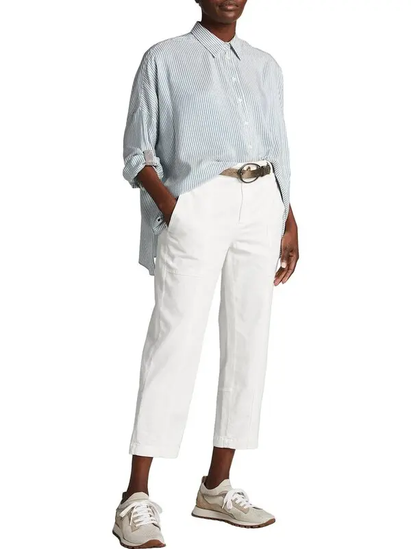 Brunello Cucinelli Striped Silk Boyfriend Shirt With Monili Trim - C014 Emerald White