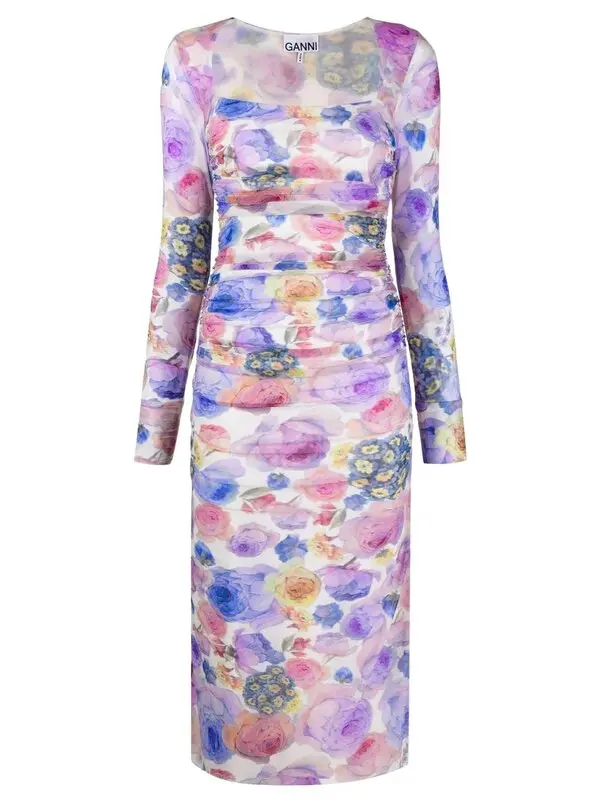 GANNI Floral-print Ruched Midi Dress - Blue