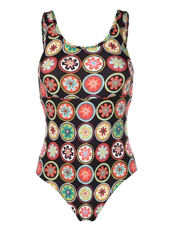 La DoubleJ Floral Print Scoop Neck Bodysuit - Black