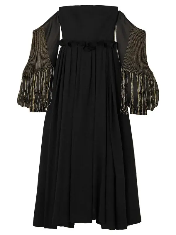 Loewe Off-the-shoulder Wool And Embroidered Silk-organza Gown - Black