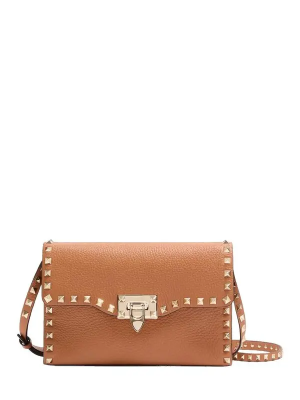 Valentino Garavani Rockstud Grainy Calfskin Crossbody Bag - Almond
