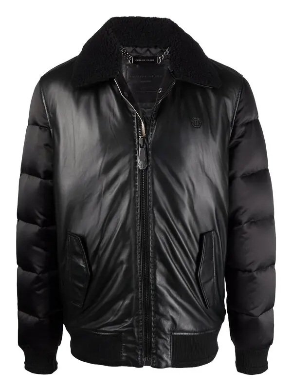 Philipp Plein Padded Leather Bomber Jacket - Black