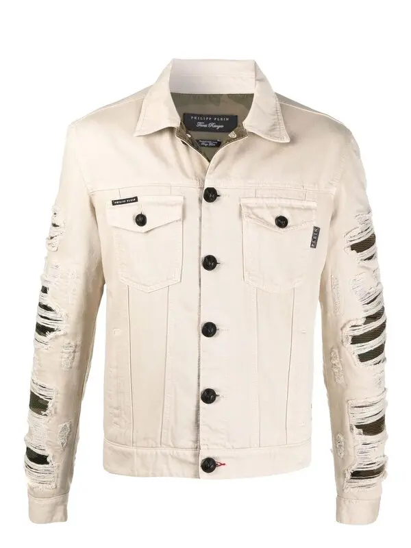 Philipp Plein Ripped Camouflage Denim Jacket - Neutrals