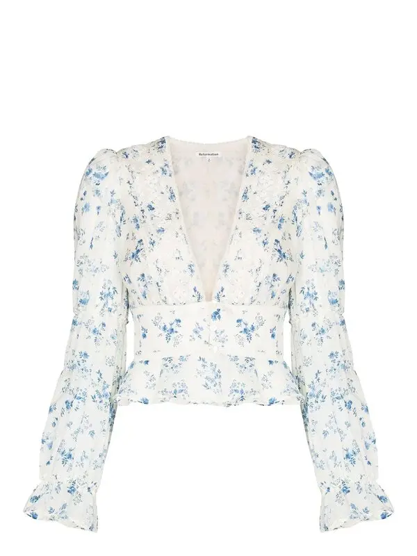 REFORMATION Meadowlark V-neck Cropped Blouse - White