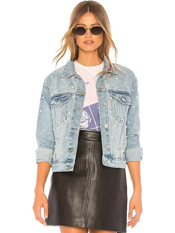 Superdown Pearl Embellished Denim Jacket - Light Blue Wash