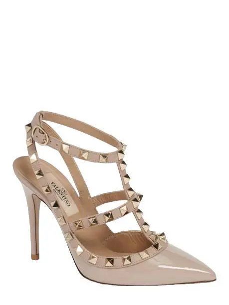 Valentino Garavani Rockstud T-strap Pointed Toe Pumps - P45 Poudre/poudre