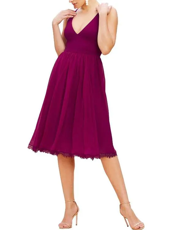 Dress The Population Alicia Mixed Media Midi Dress - Dark Magenta