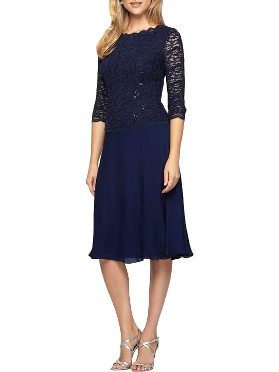 Alex Evenings Faux Two-piece Lace Dress - Navy