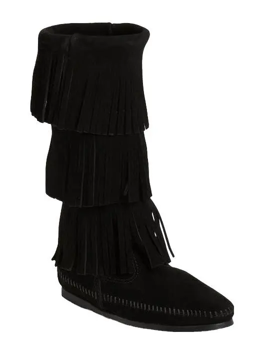 Minnetonka 3-layer Fringe Boots - Black Suede