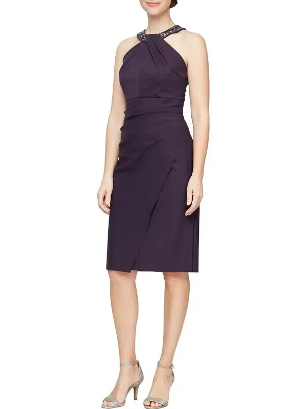 Alex Evenings Contour Collection Halter Embellished Cocktail Sheath Dress - Aubergine
