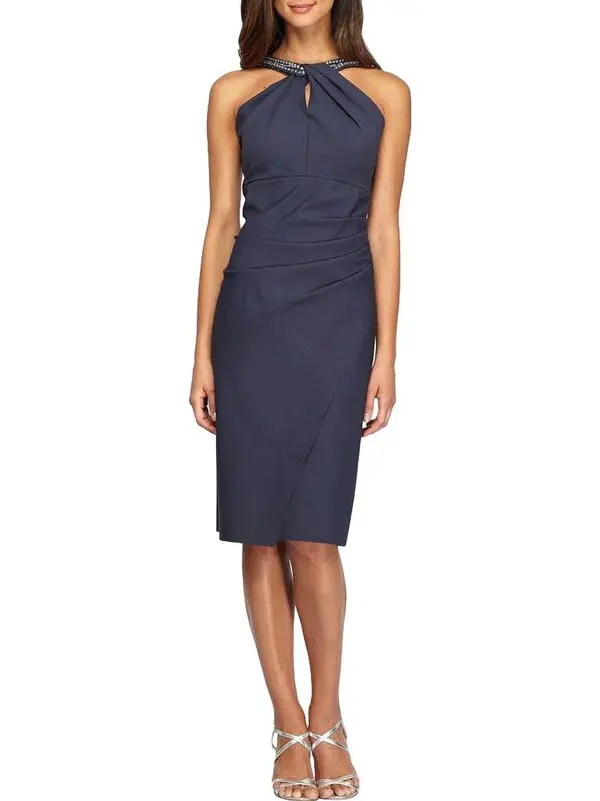 Alex Evenings Contour Collection Halter Embellished Cocktail Sheath Dress - Charcoal