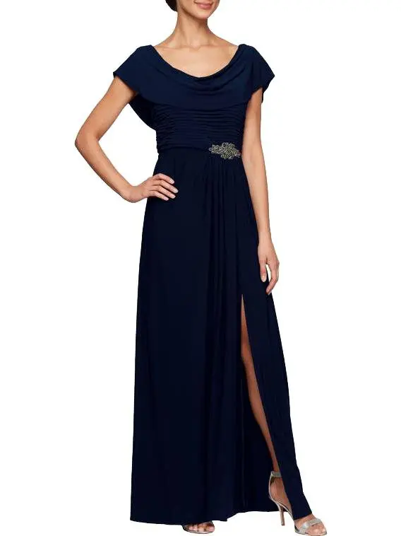 Alex Evenings Cowl Neck Beaded Waist Evening Gown - Navy