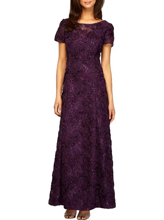 Alex Evenings Embellished Lace A-line Evening Gown - Eggplant