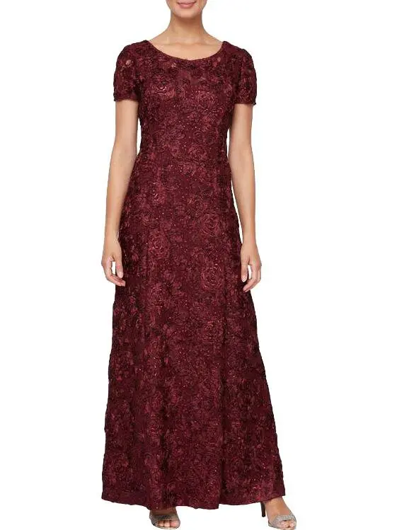 Alex Evenings Embellished Lace A-line Evening Gown - Merlot