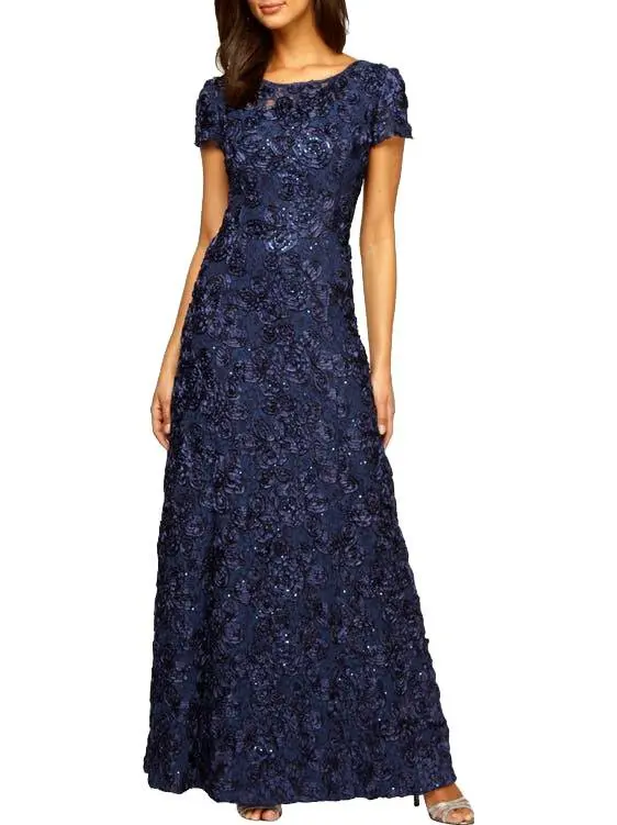 Alex Evenings Embellished Lace A-line Evening Gown - Navy