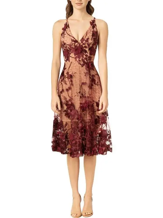 Dress The Population Audrey Embroidered Dress - Burgundy