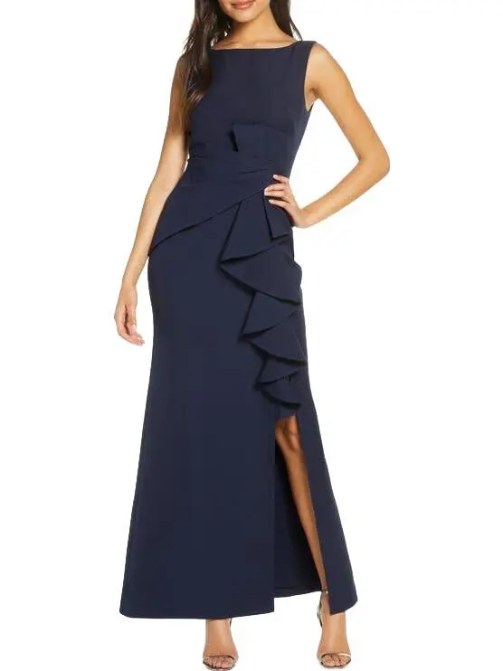 Eliza J Ruffle Front Gown - Navy
