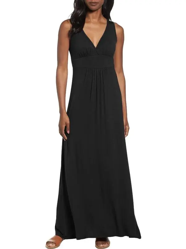 Loveappella V-neck Jersey Maxi Dress - Black