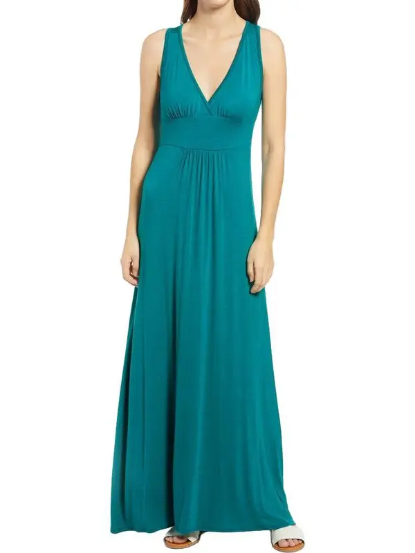 Loveappella V-neck Jersey Maxi Dress - Jade