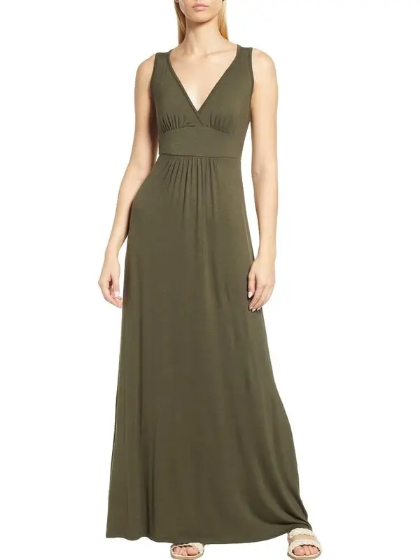 Loveappella V-neck Jersey Maxi Dress - Olive