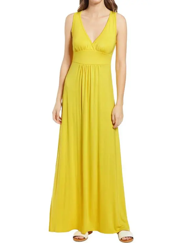 Loveappella V-neck Jersey Maxi Dress - Yellow