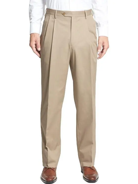 Berle Pleated Classic Fit Cotton Trousers - Khaki