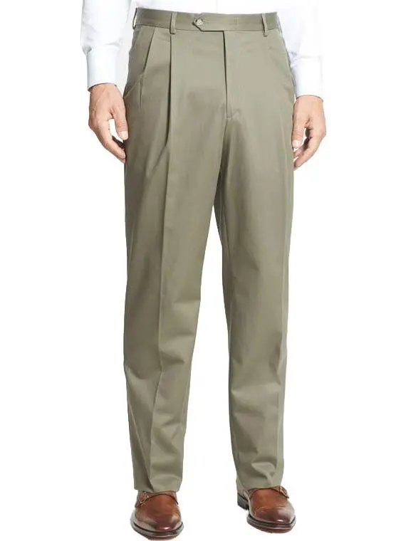 Berle Pleated Classic Fit Cotton Trousers - Olive