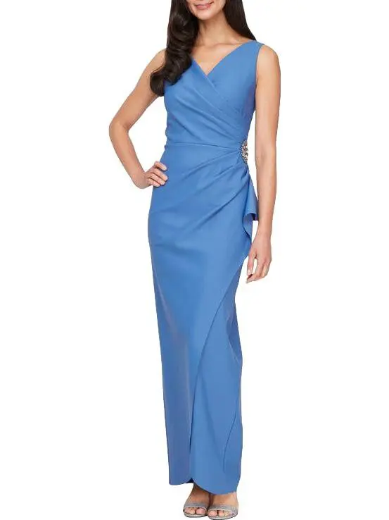 Alex Evenings Embellished Side Drape Column Gown - Cornflower