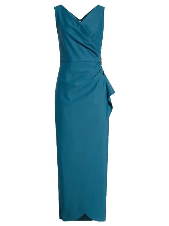 Alex Evenings Embellished Side Drape Column Gown - Deep Teal