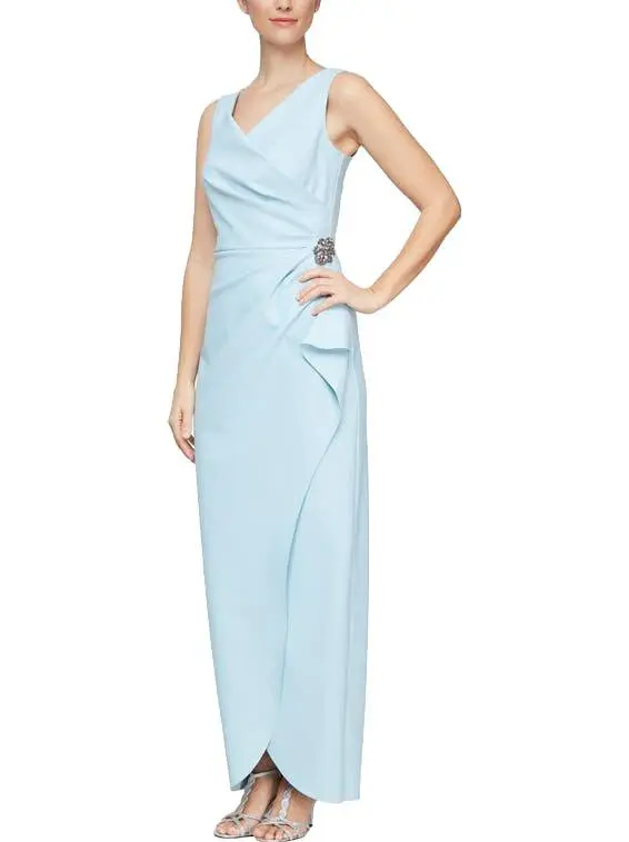 Alex Evenings Embellished Side Drape Column Gown - Light Blue