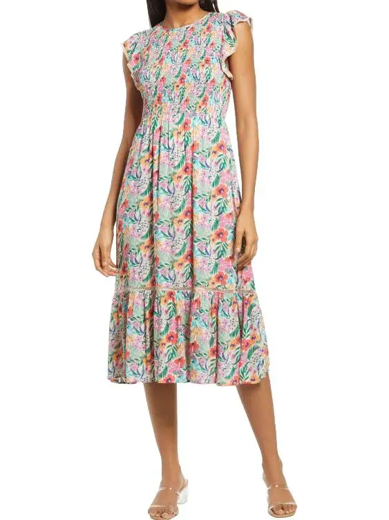 LOST + WANDER Blossom & Bloom Floral Smocked Dress - Pink Multi