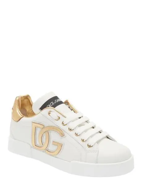 Dolce & Gabbana Portofino Leather Sneakers - White/gold