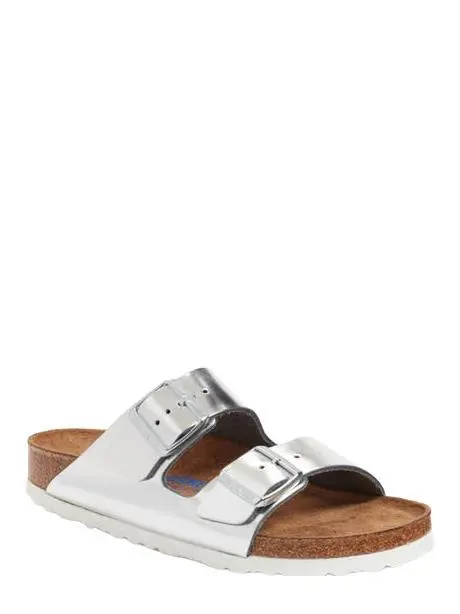 BIRKENSTOCK Arizona Soft Footbed Slide Sandal - Metallic Silver Leather