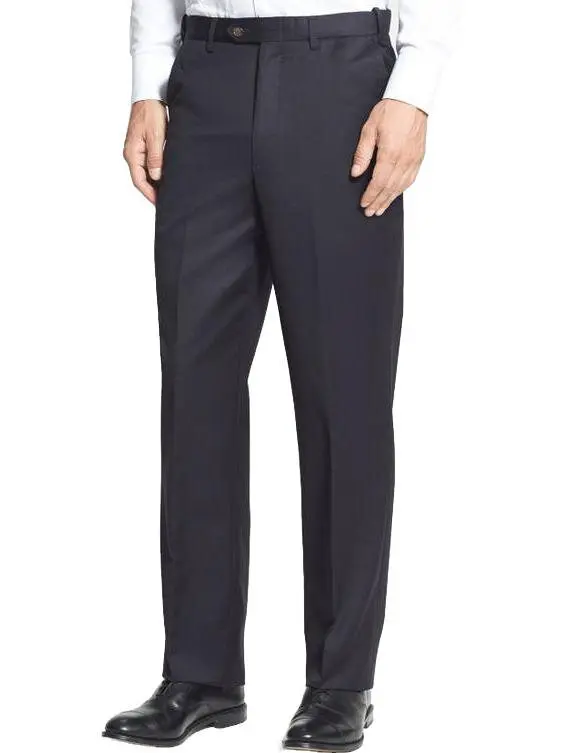 Berle Self Sizer Waist Flat Front Wool Gabardine Trousers - Black