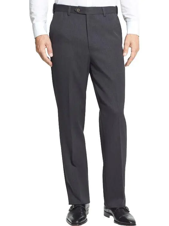 Berle Self Sizer Waist Flat Front Wool Gabardine Trousers - Charcoal