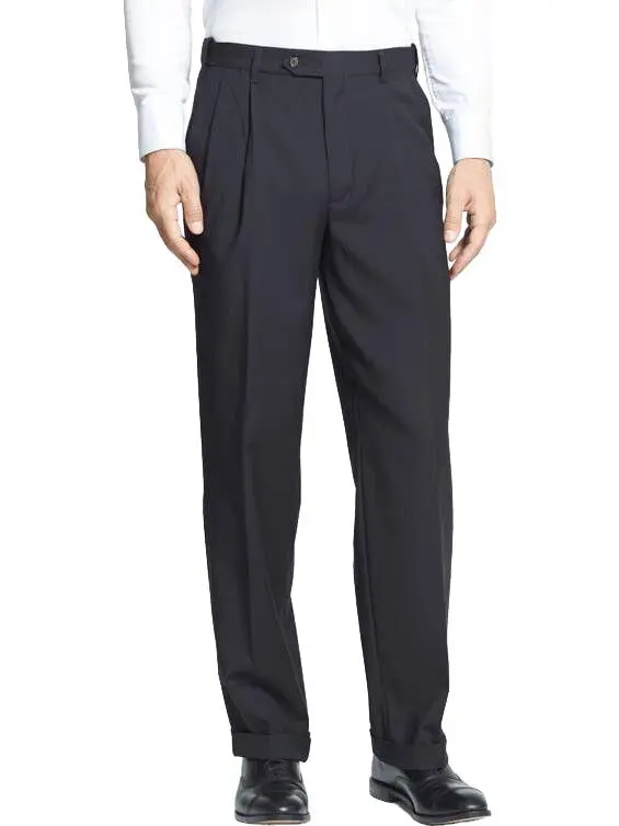 Berle Self Sizer Waist Plain Weave Pleated Washable Trousers - Black