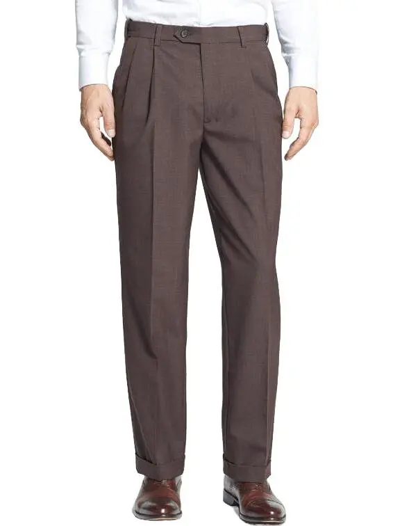 Berle Self Sizer Waist Plain Weave Pleated Washable Trousers - Brown
