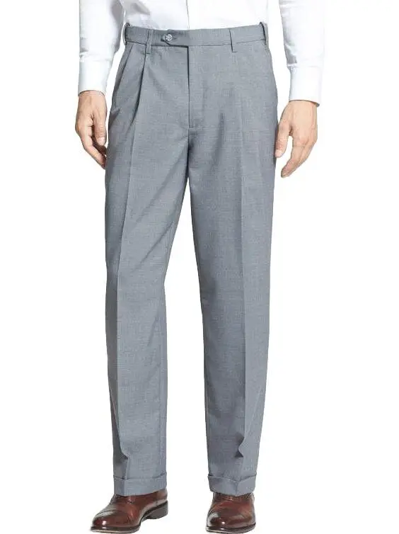 Berle Self Sizer Waist Plain Weave Pleated Washable Trousers - Light Grey