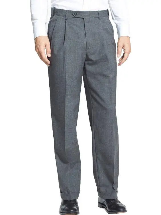 Berle Self Sizer Waist Plain Weave Pleated Washable Trousers - Medium Grey