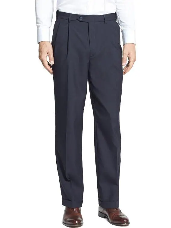 Berle Self Sizer Waist Plain Weave Pleated Washable Trousers - Navy