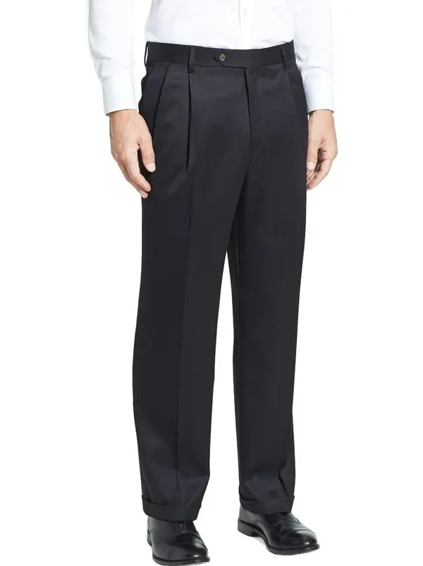 Berle Pleated Classic Fit Wool Gabardine Trousers - Black