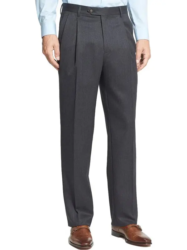 Berle Pleated Classic Fit Wool Gabardine Trousers - Charcoal
